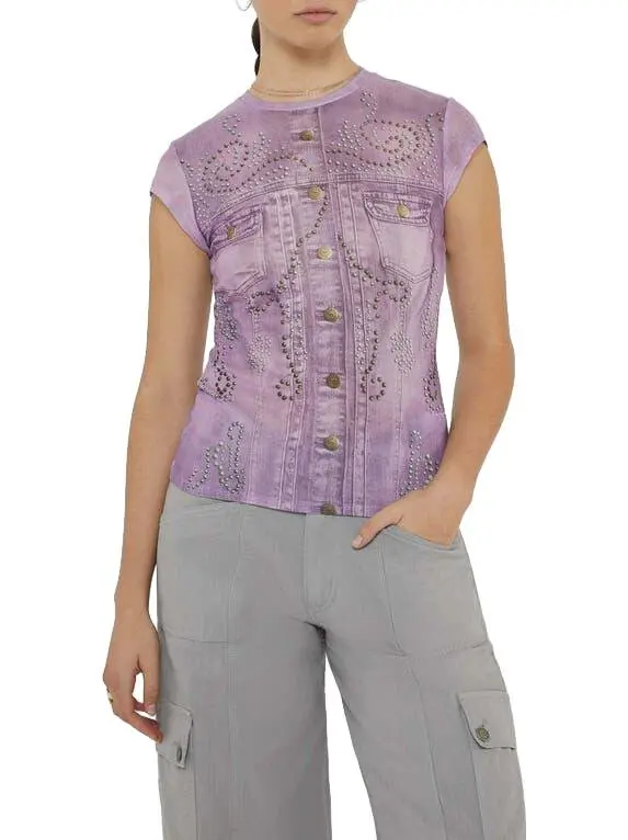 Guess Studded Denim Print Mesh T-shirt - Lux Orchid Multi