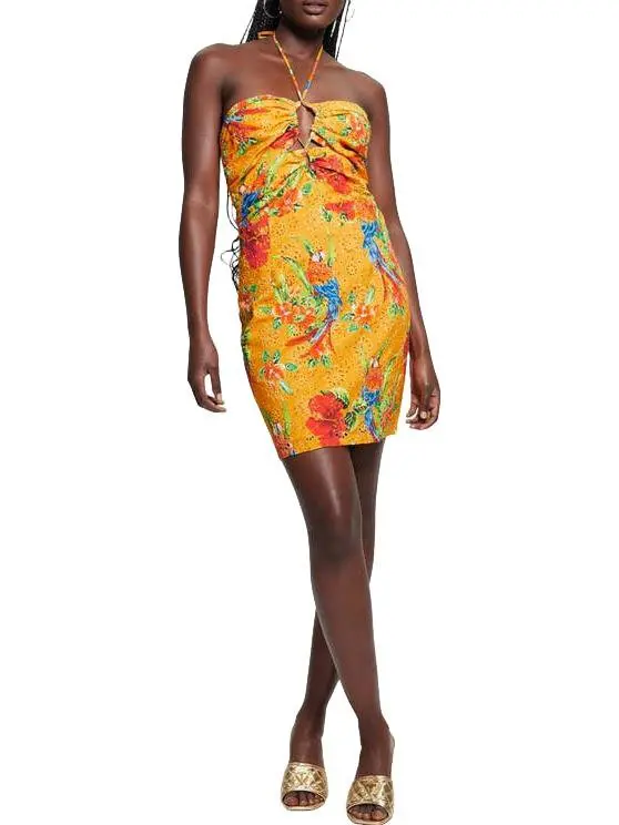 Guess Tina Eyelet Halter Mini Dress - Parrot Paradise Print
