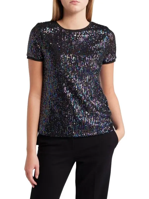 Anne Klein Iridescent Sequin Mesh Top - Iridescent Black Multi