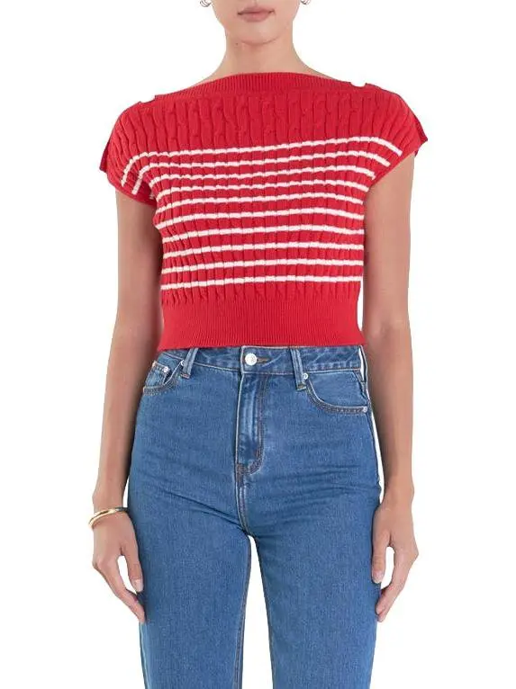 English Factory Button Shoulder Stripe Cable Stitch Sweater - Red/white