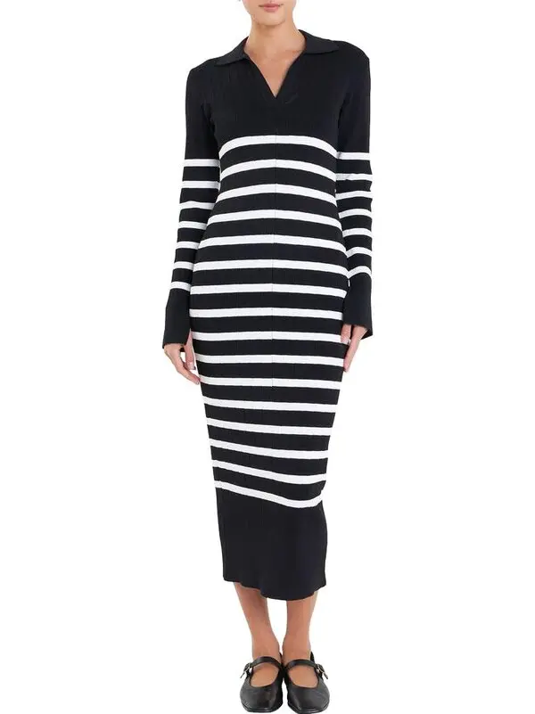 English Factory Stripe Long Sleeve Midi Sweater Dress - Black/off White