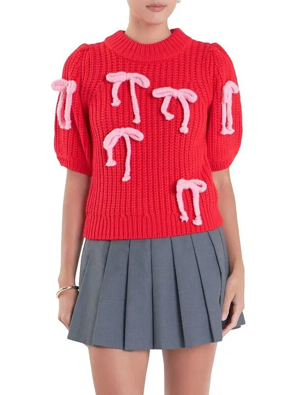 English Factory Bow Embellished Puff Sleeve Sweater - Red
