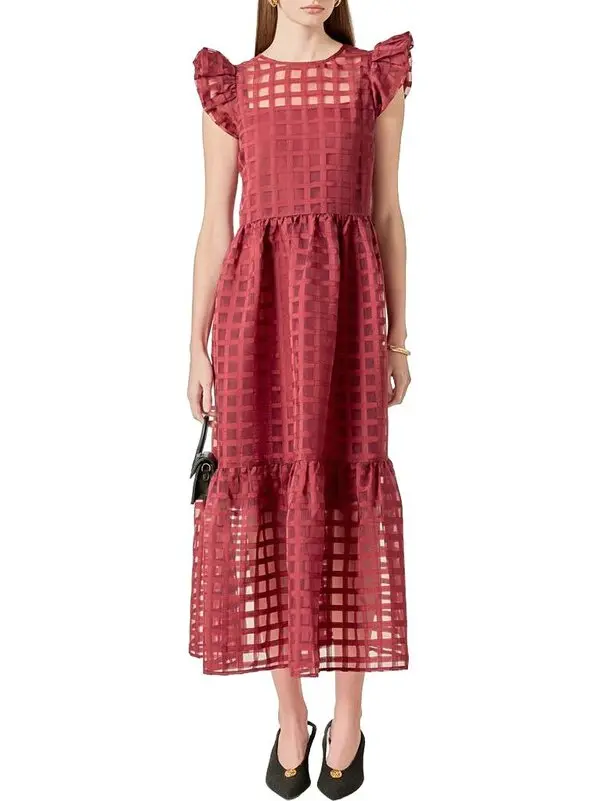 English Factory Check Organza Midi Dress - Maroon