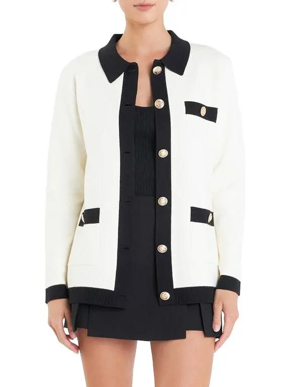 English Factory Contrast Edge Collared Cardigan - White/black