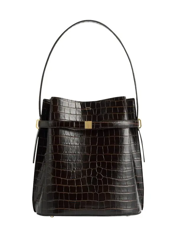 TOTEME Belted Croco-embossed Bucket Bag - Dark Brown