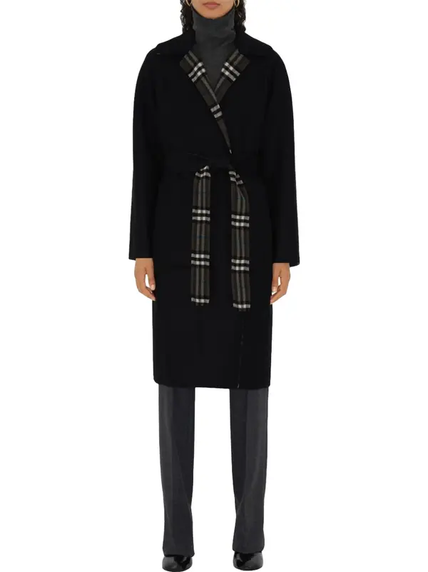 Burberry Reversible Check Wool Wrap Coat - Black