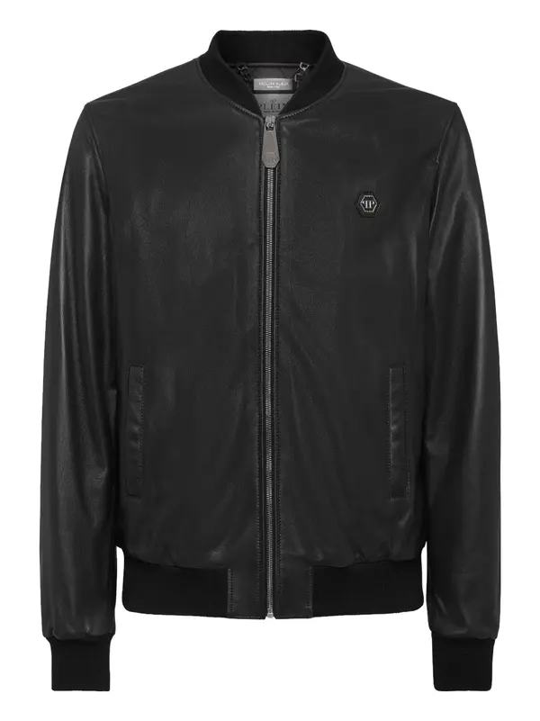 Philipp Plein Leather Jacket With Logo Patch - Black