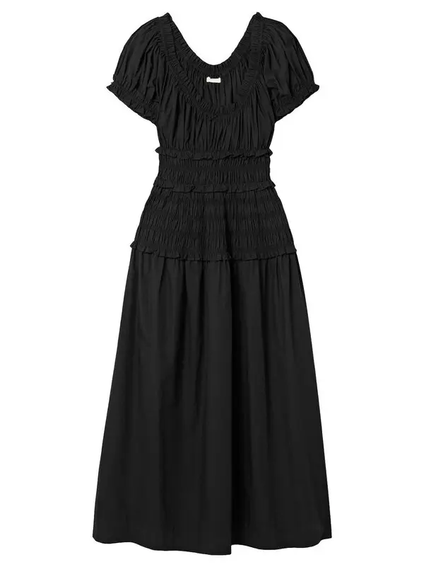 DÔEN Leanne Shirred Organic Cotton-voile Midi Dress - Black