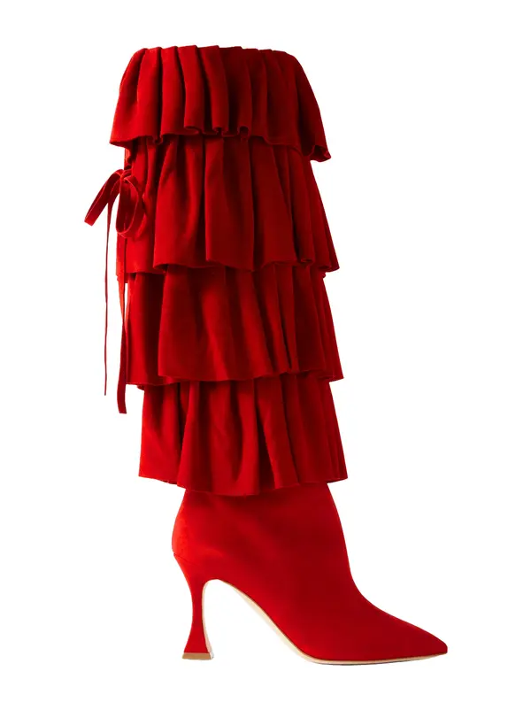 Manolo Blahnik Mifalone 90 Tiered Ruffled Knee Boots - Red