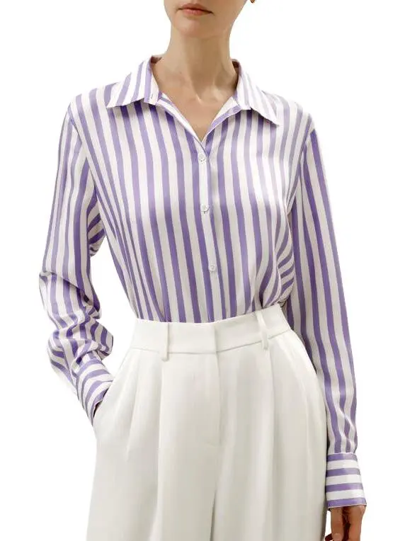 Lilysilk Classic Striped Silk Shirt - Lilac-white Pinstripes