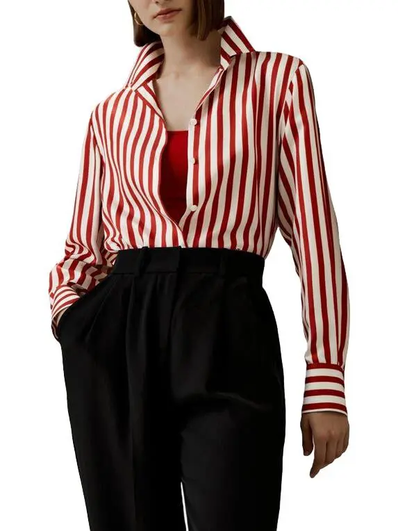 Lilysilk Classic Striped Silk Shirt - Red White Pinstripes
