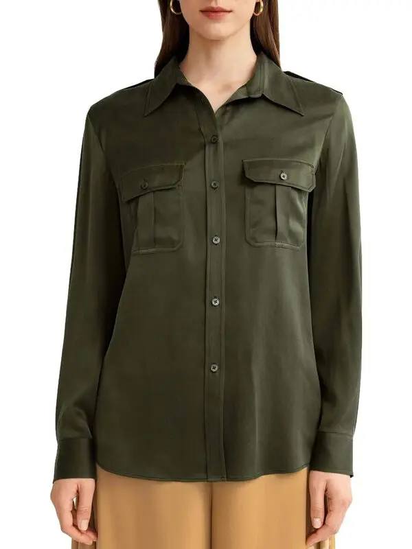Lilysilk Sandwashed Silk Shirt With Epaulettes - Safari Green