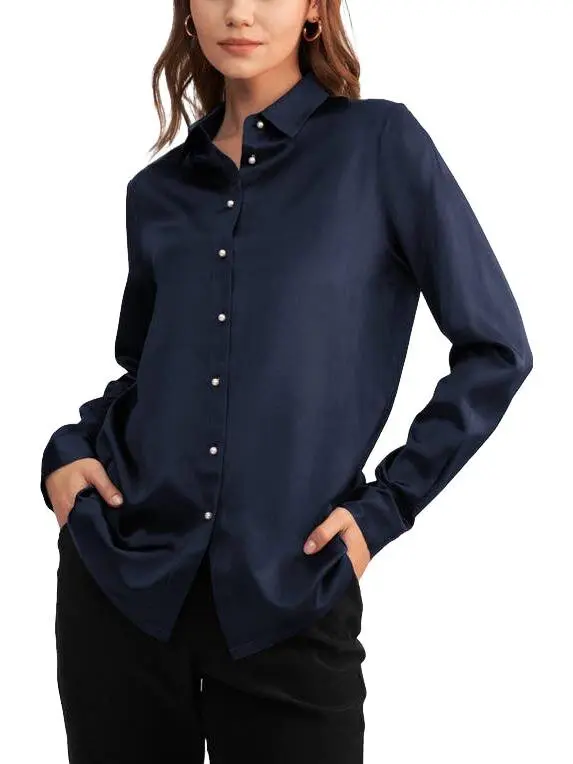 Lilysilk Classic Pearl Button Silk Shirt - Navy Blue