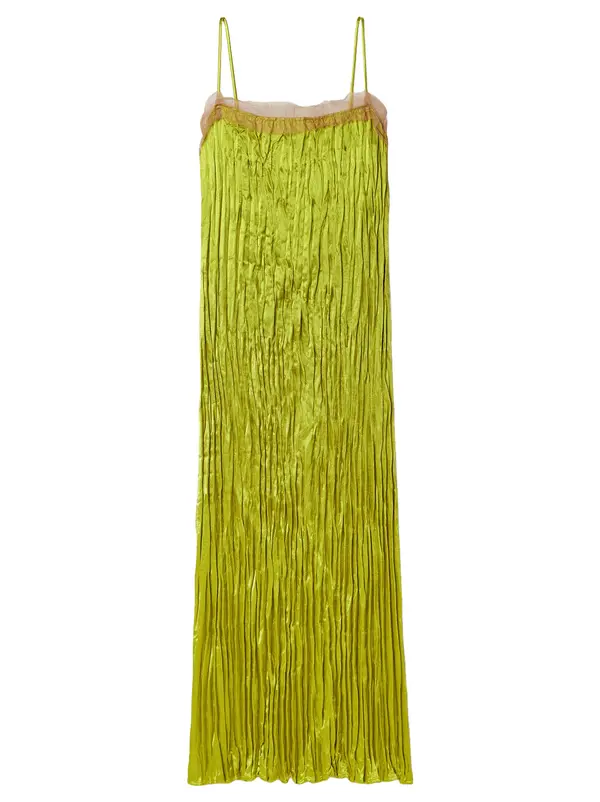 JASON WU Organza-trimmed Plissé Hammered Silk-satin Midi Dress - Yellow