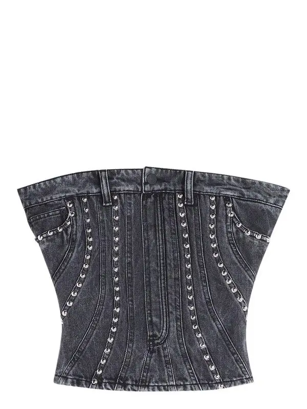 MUGLER Spiral Denim Studded Bustier Top - Black