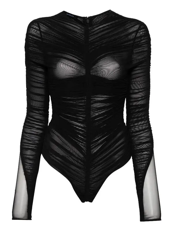 MUGLER Semi-sheer Gathered Bodysuit - Black