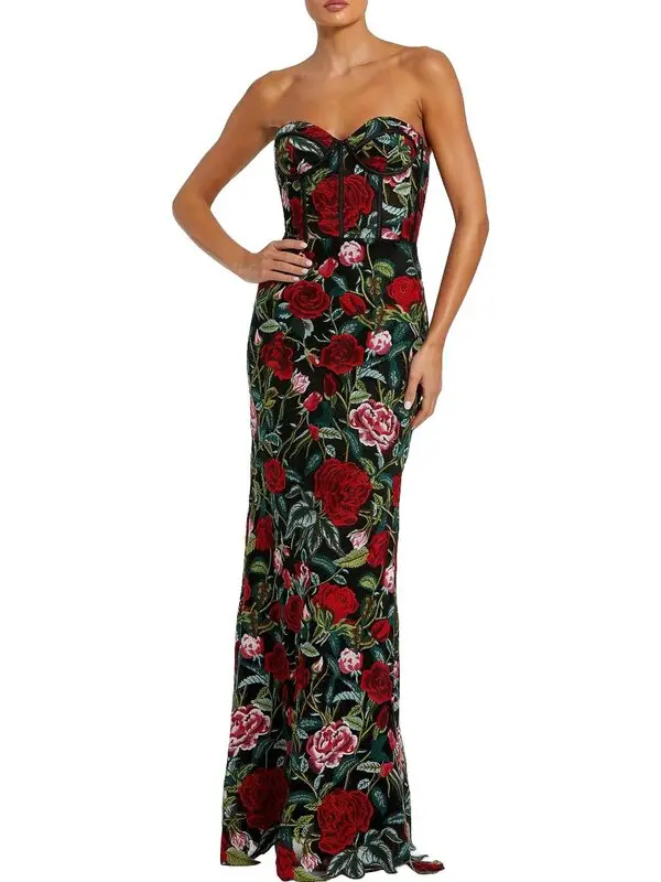 Mac Duggal Floral Embroidered Bustier Column Gown - Black Multi