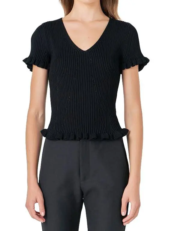 Endless Rose Lettuce Edge Ribbed Top - Black