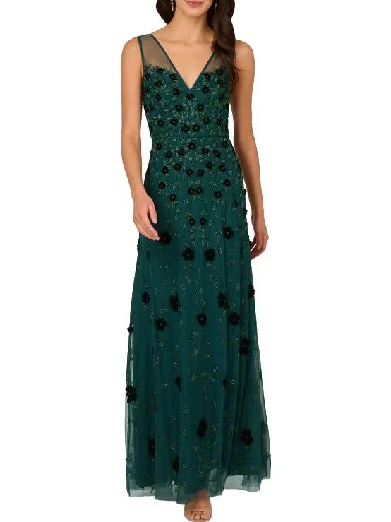 Adrianna Papell Embellished Mesh Overlay A-line Gown - Gem Green