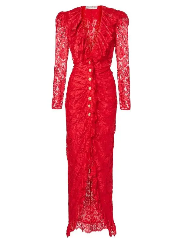 Alessandra Rich Ruffled Lace Maxi Dress - Red