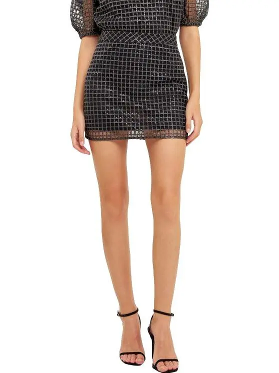 Endless Rose Sequin Grid Mesh Miniskirt - Black