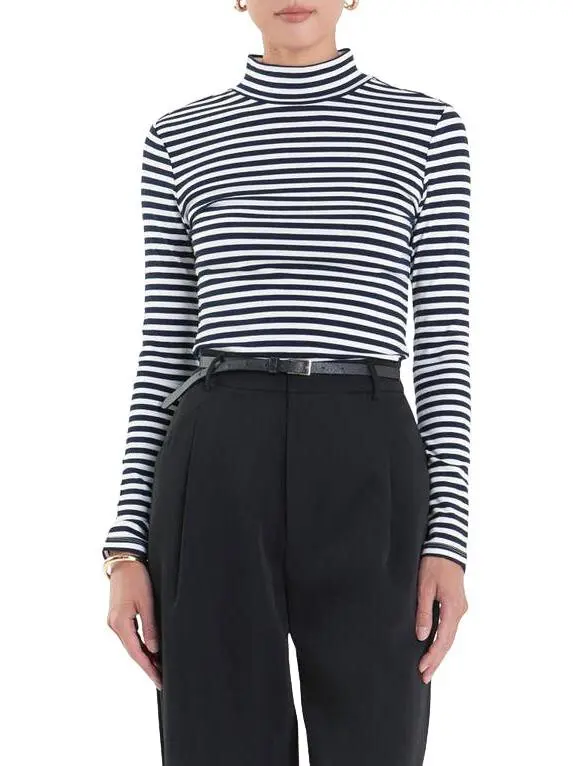 English Factory Stripe Turtleneck Top - Navy/white