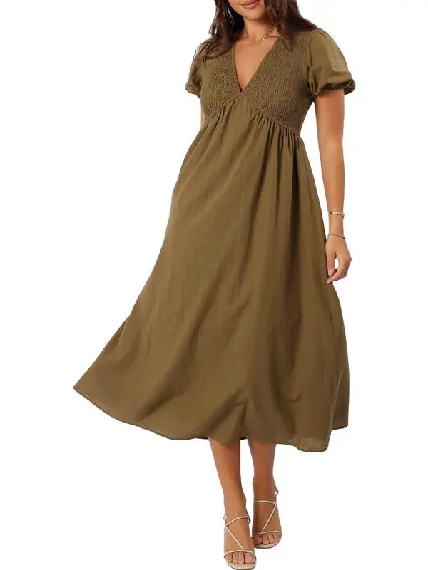 PETAL & PUP Brooke Smocked Cotton Midi Dress - Khaki