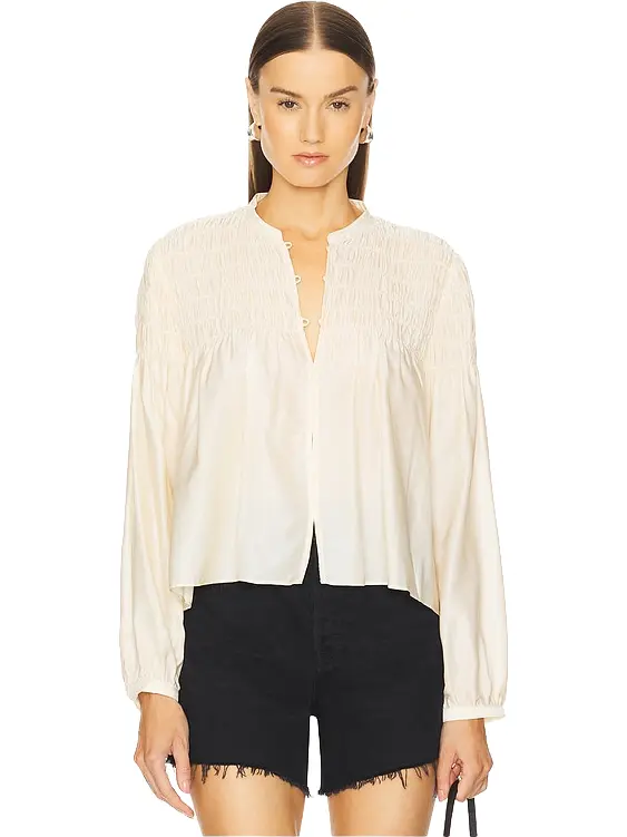FRAME Smocked Collarless Blouse - Champagne