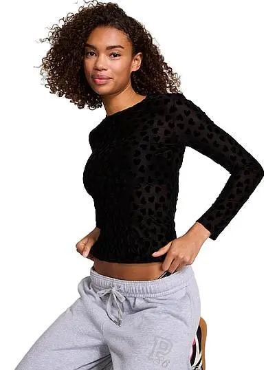 Pink Mesh Long-sleeve Crewneck Top - Black