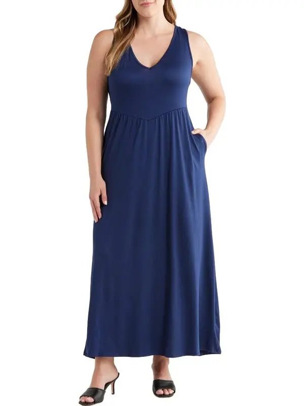 24SEVEN COMFORT APPAREL Sleeveless Stretch Maxi Dress - Navy