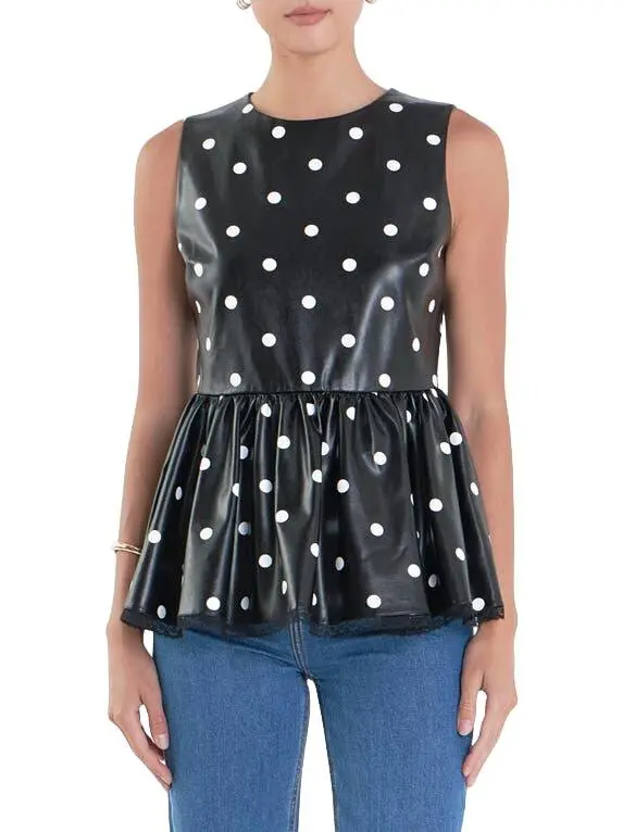 English Factory Polka Dot Peplum Faux Leather Top - Black/white