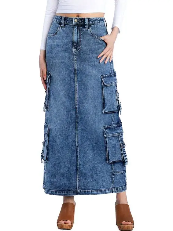 WASH LAB DENIM Cargo Pocket Maxi Skirt - Cargo Blue