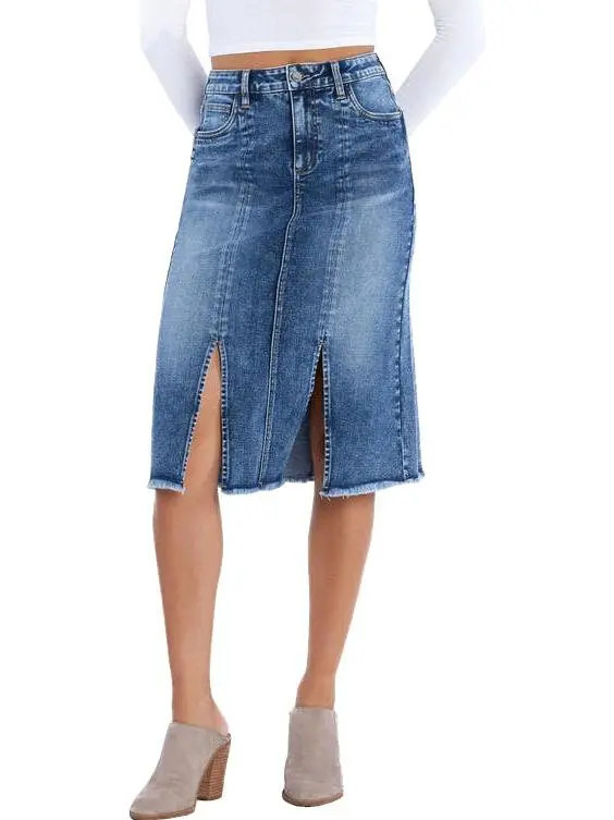 WASH LAB DENIM Double Front Slit Midi Skirt - Split Blue