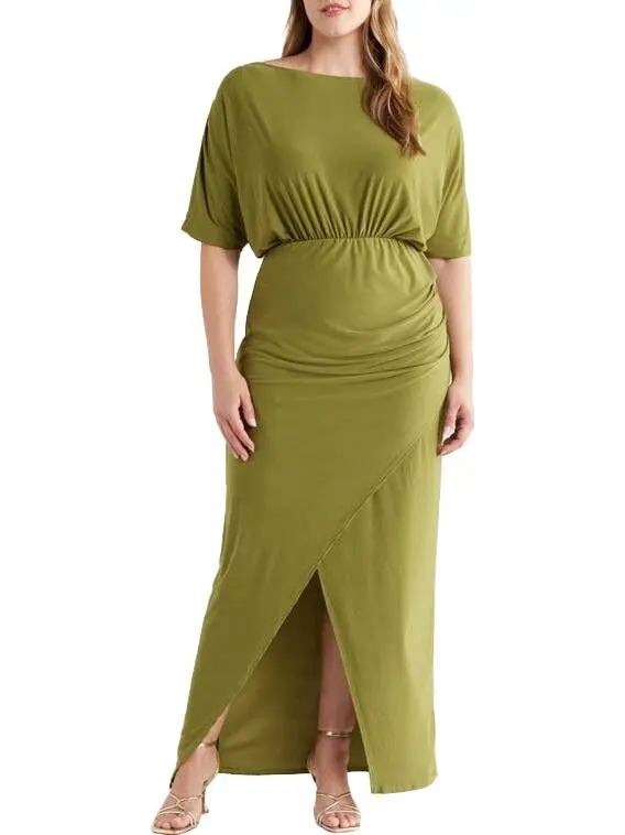 24SEVEN COMFORT APPAREL Batwing Sleeve Jersey Dress - Avocado