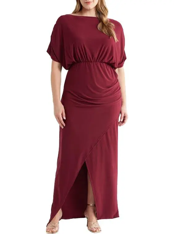 24SEVEN COMFORT APPAREL Batwing Sleeve Jersey Dress - Burgundy