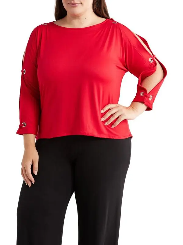 24SEVEN COMFORT APPAREL Grommet Cold Shoulder Top - Red