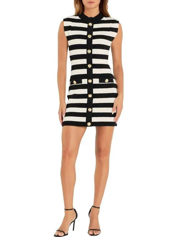 Endless Rose Stripe Mock Neck Rib Mini Sweater Dress - Black/white