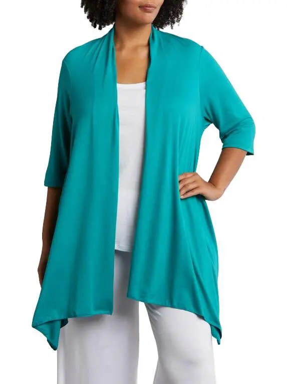 24SEVEN COMFORT APPAREL Open Front Long Cardigan - Jade