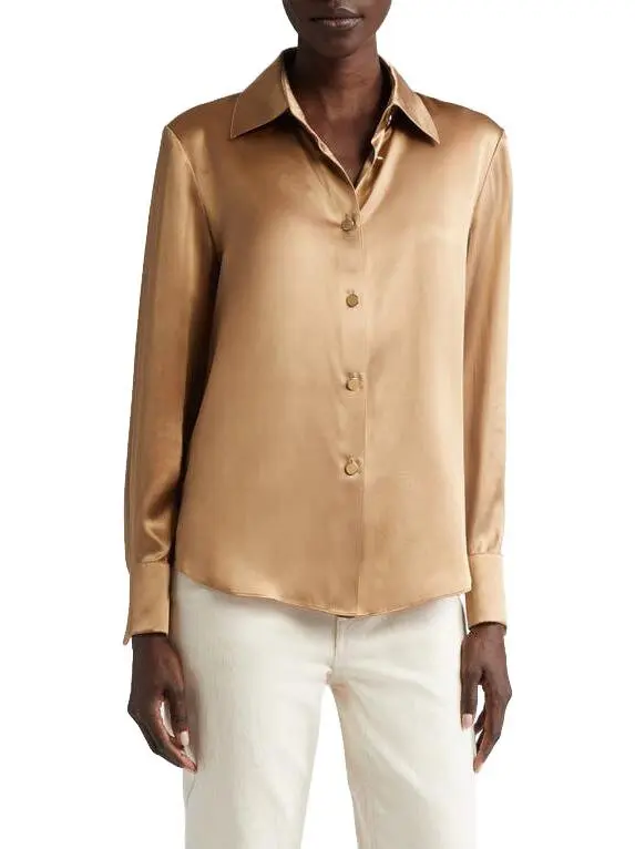 Lafayette 148 New York Silk Charmeuse Shirt - Camel