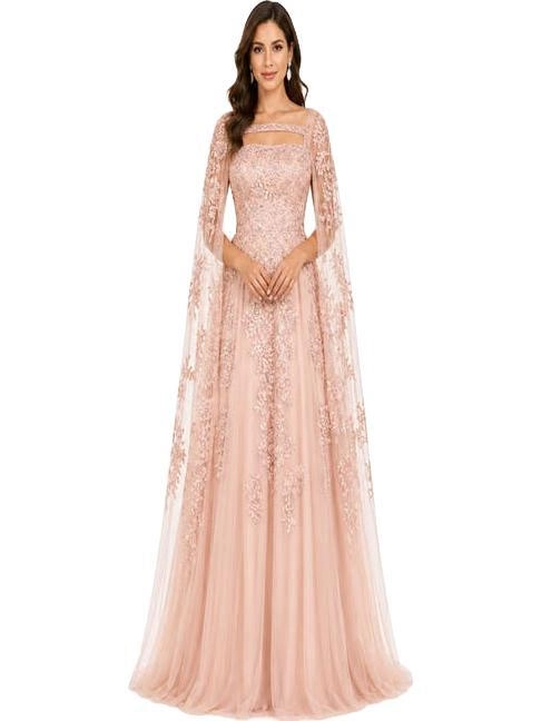 LARA NEW YORK Lace Embroidered Gown With Long Cape Sleeves - Blush