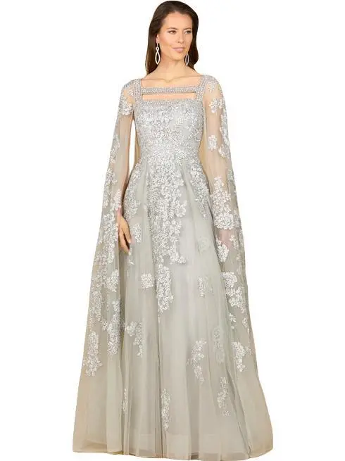 LARA NEW YORK Embellished Lace A-line Gown With Cape Sleeves - Silver