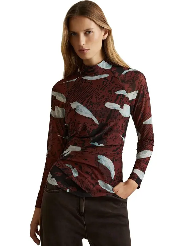 REISS Vanna Printed Top - Burgundy