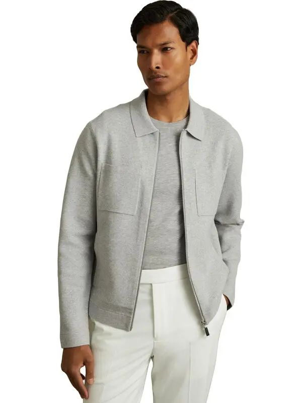 REISS Rivers Knitted Jacket - Soft Grey Melange