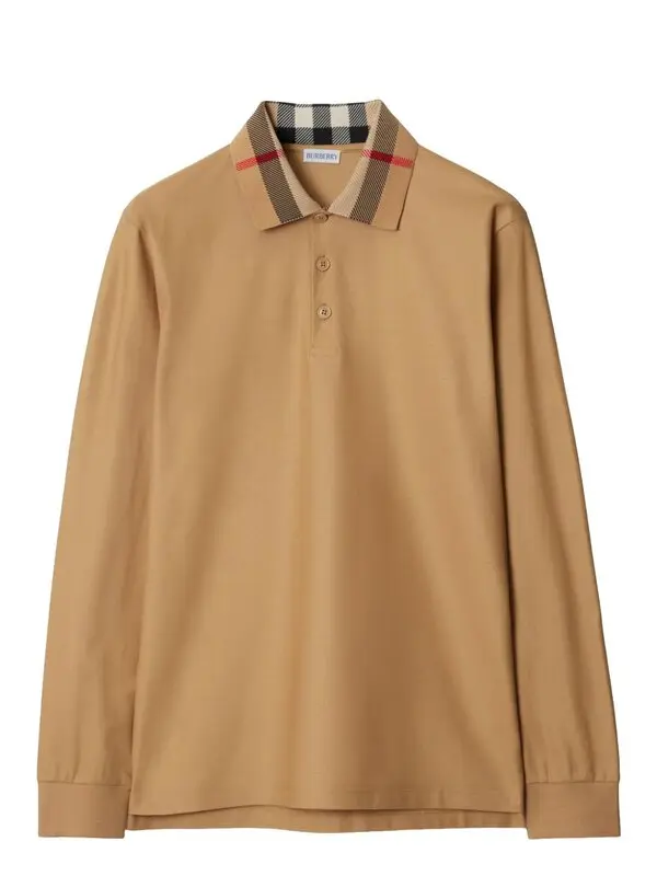 Burberry Long-sleeve Check Collar Cotton Polo Shirt - Neutrals