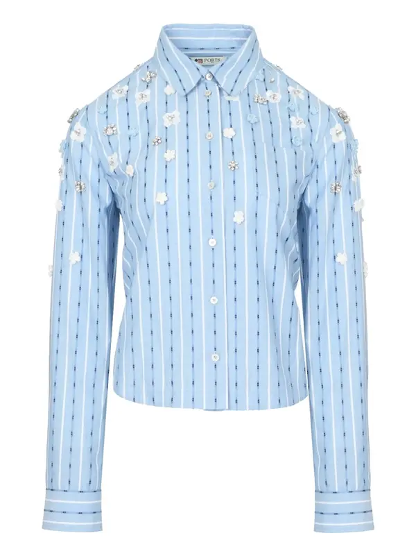 Ports 1961 Floral Appliqué Striped Shirt - Blue