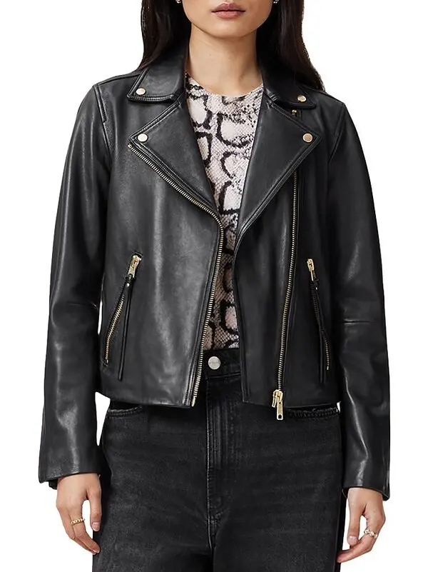 ALLSAINTS Dalby Slim Fit Leather Biker Jacket - Black/gold