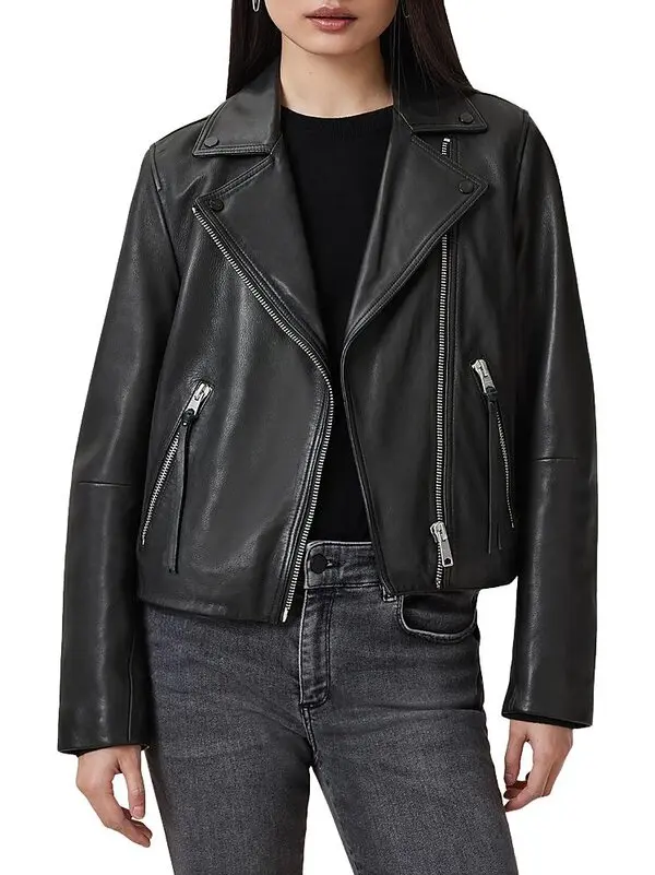 ALLSAINTS Dalby Slim Fit Leather Biker Jacket - Black/silver