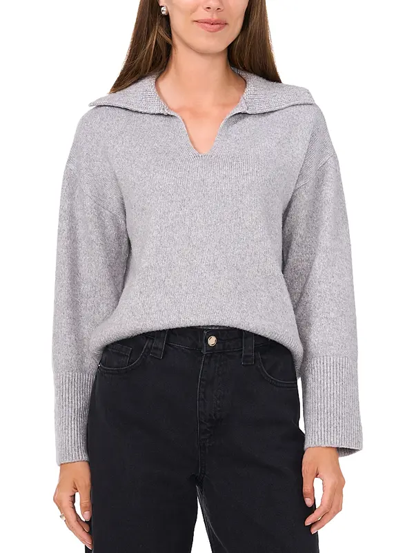 Vince Camuto V-neck Spread Collar Sweater - Silver Heahter