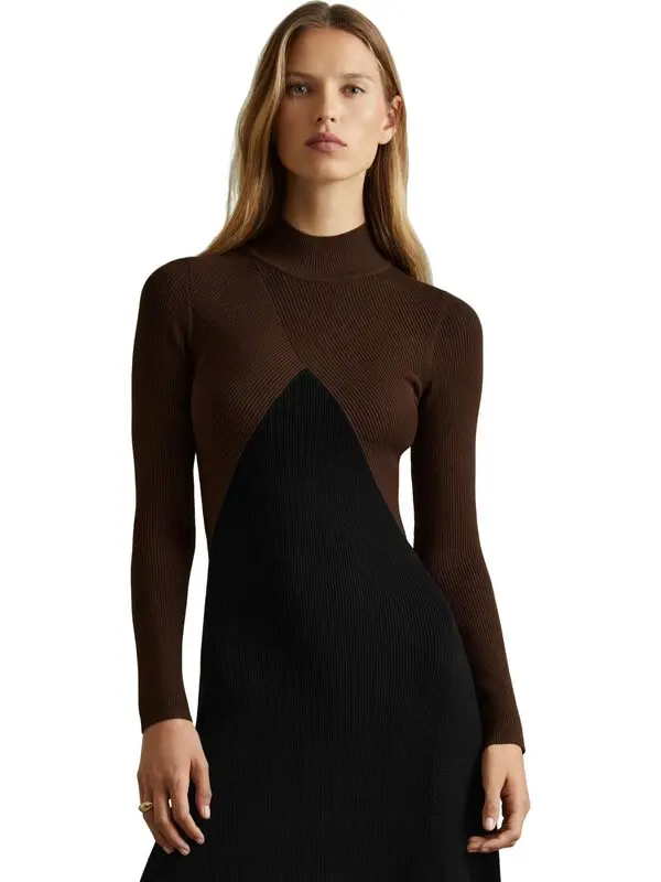 REISS Ribbed Colorblock Midi Dress - Chocolate/black