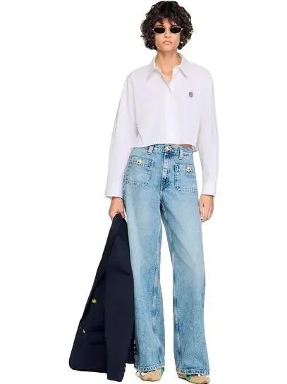 Sandro Cropped Poplin Shirt With Embroidered Logo - Black